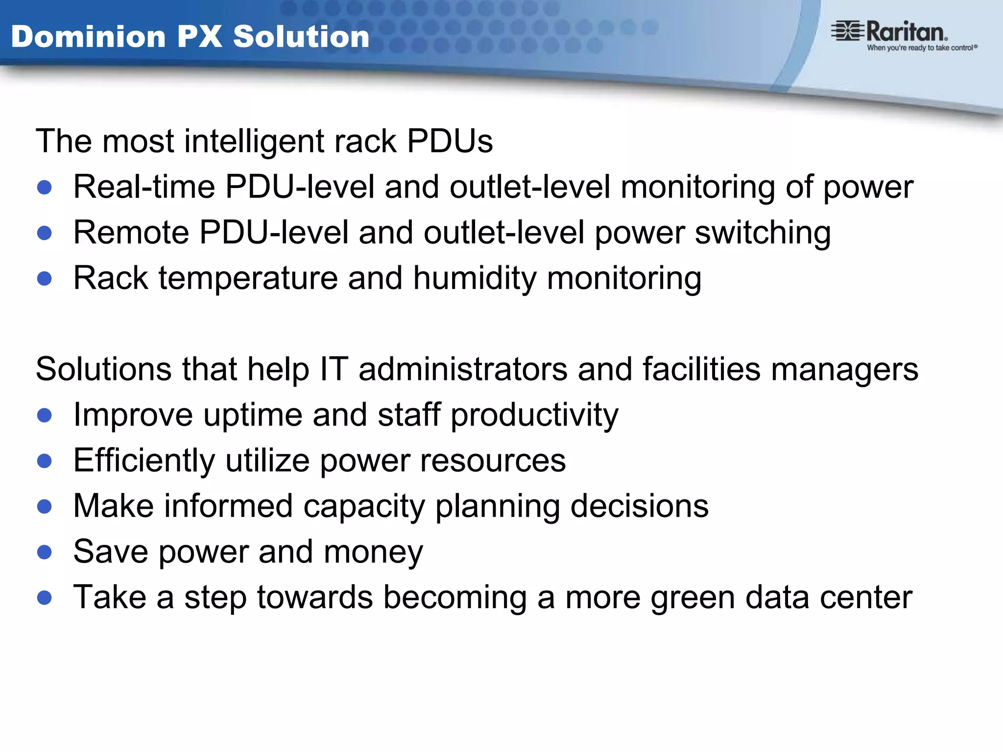 Raritan Dominion PX - The most intelligent rack PDUs | PPT | Computer Networking | Computing