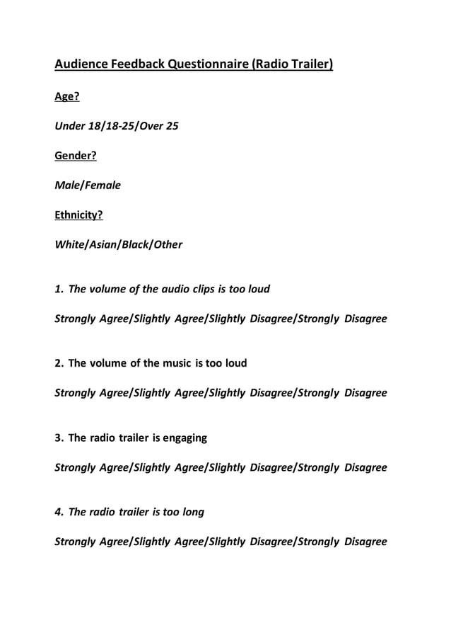 Redone audience feedback questionnaire for radio trailer | DOCX