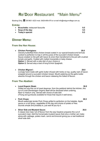 Re'Door Cafe Restaurant menu | PDF