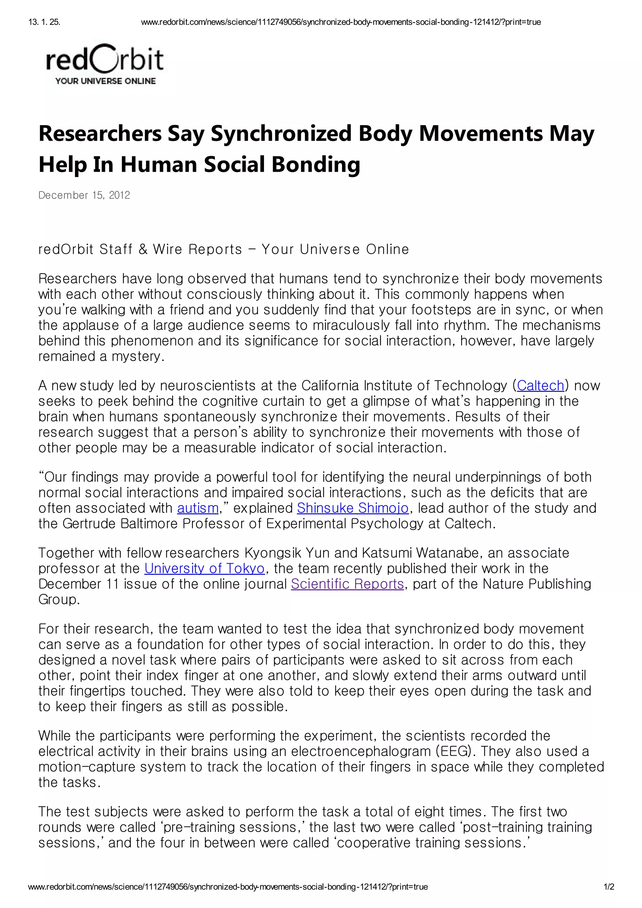 Researchers Say Synchronized Body Movements May Help In Human Social ...