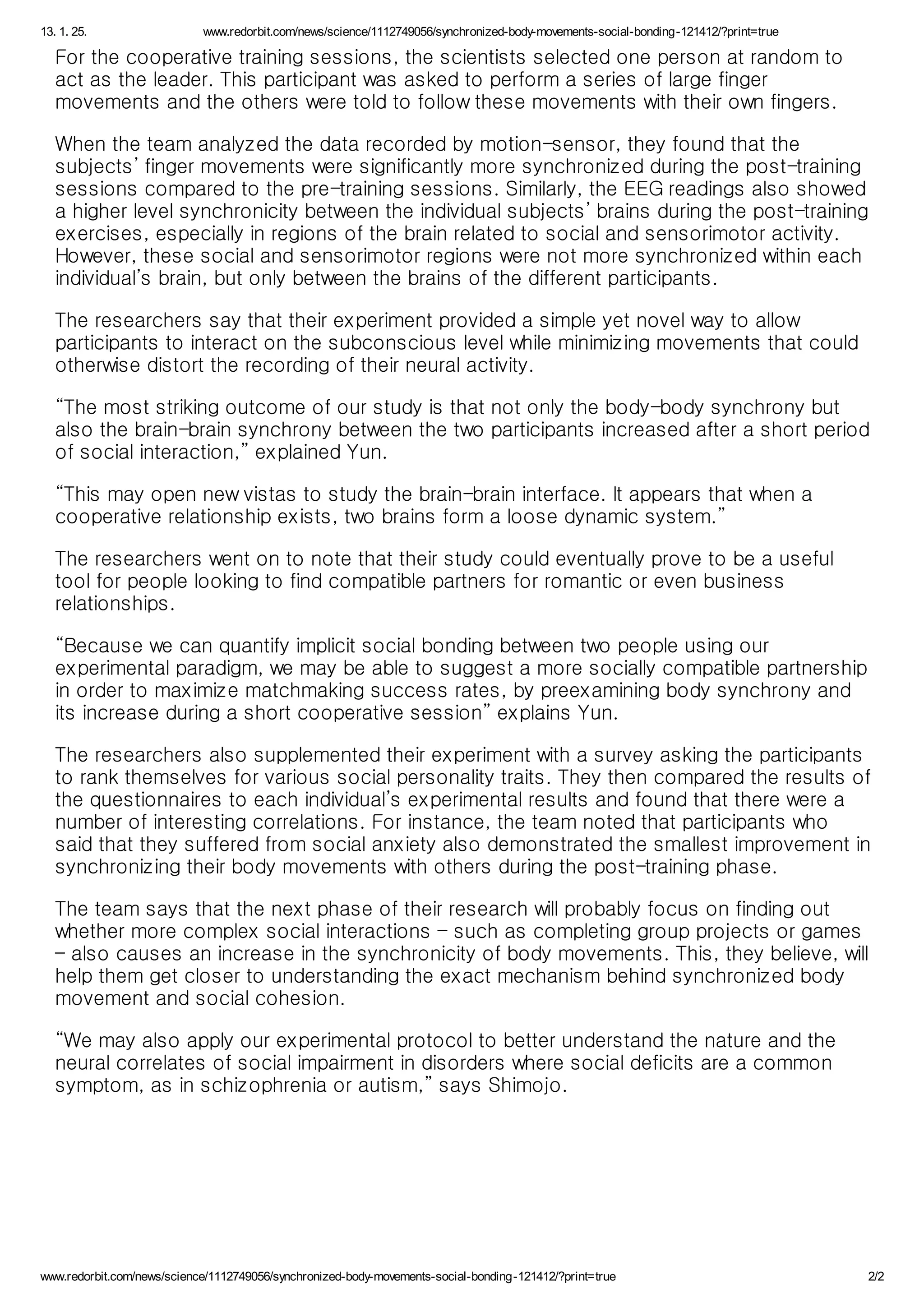 Researchers Say Synchronized Body Movements May Help In Human Social ...