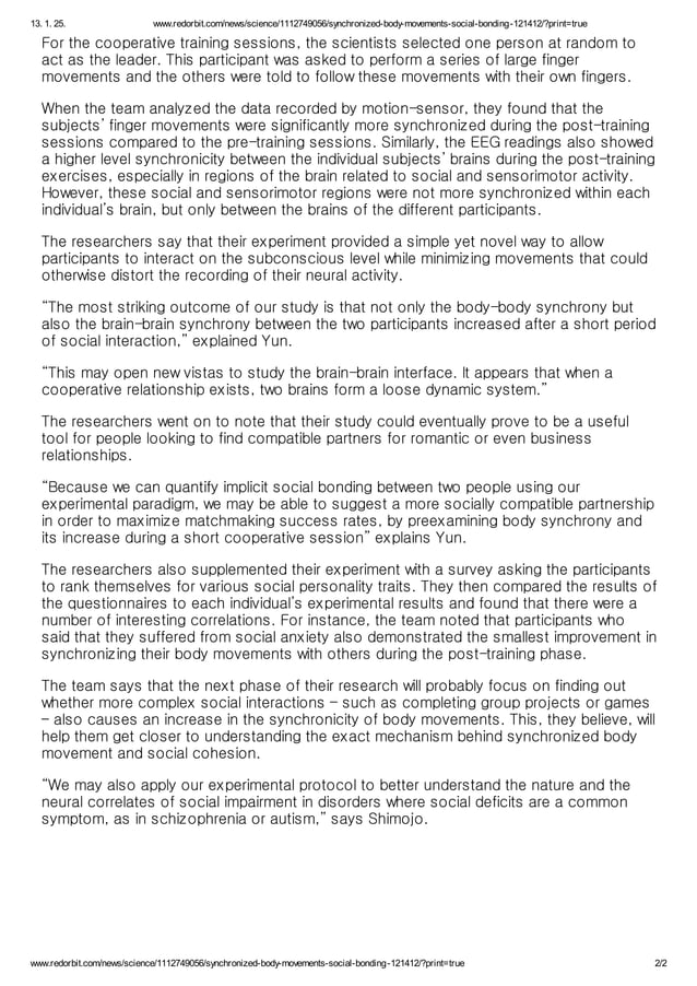 Researchers Say Synchronized Body Movements May Help In Human Social Bonding - Redorbit | PDF