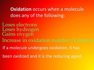 Redox Reactions. Chemical Reactions occurring in the body, Oxidation ...