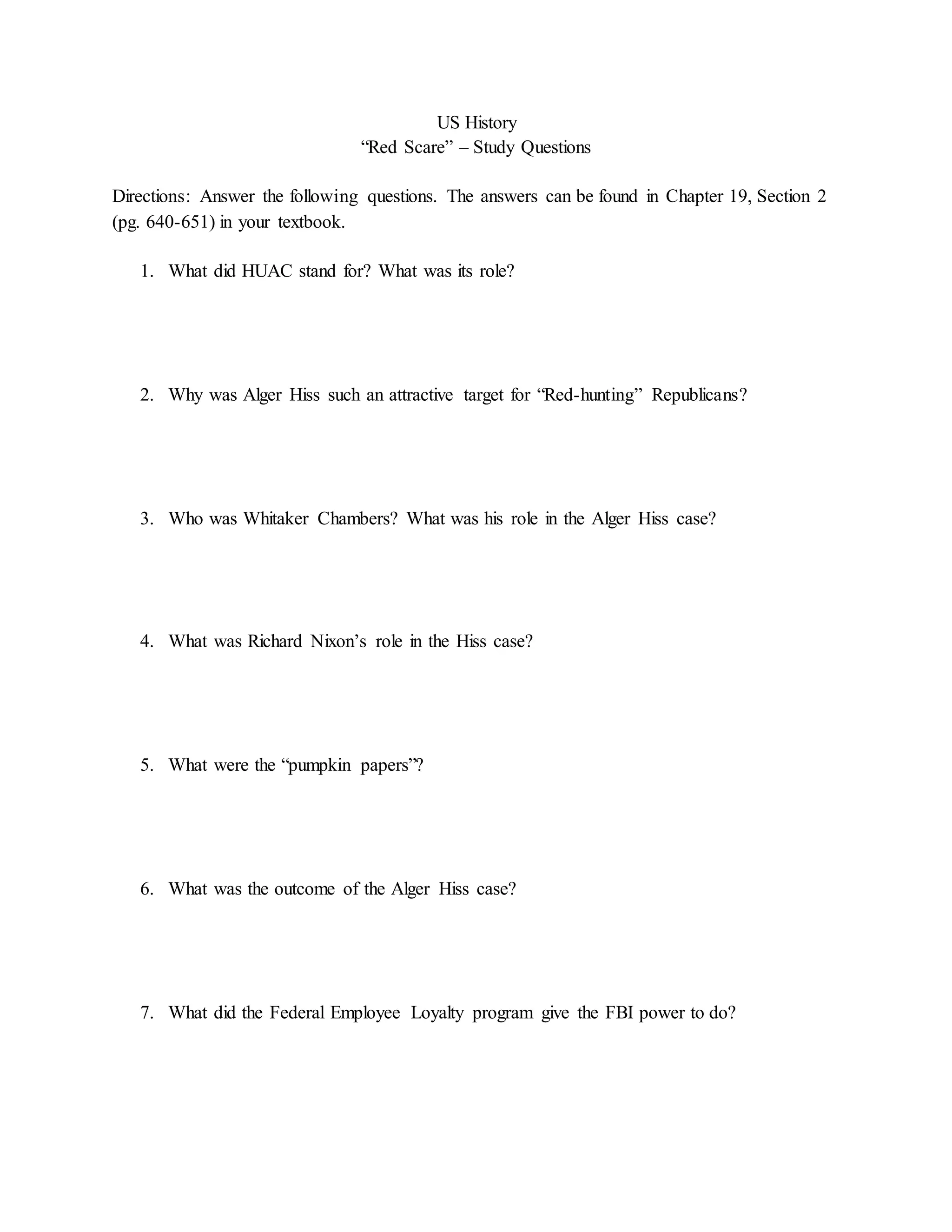 Red scare study questions | DOCX
