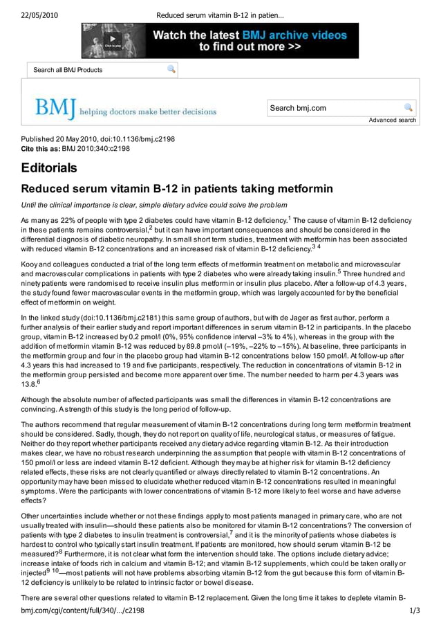 Reduced serum vitamin b 12 in patients taking metformin -- vidal ...