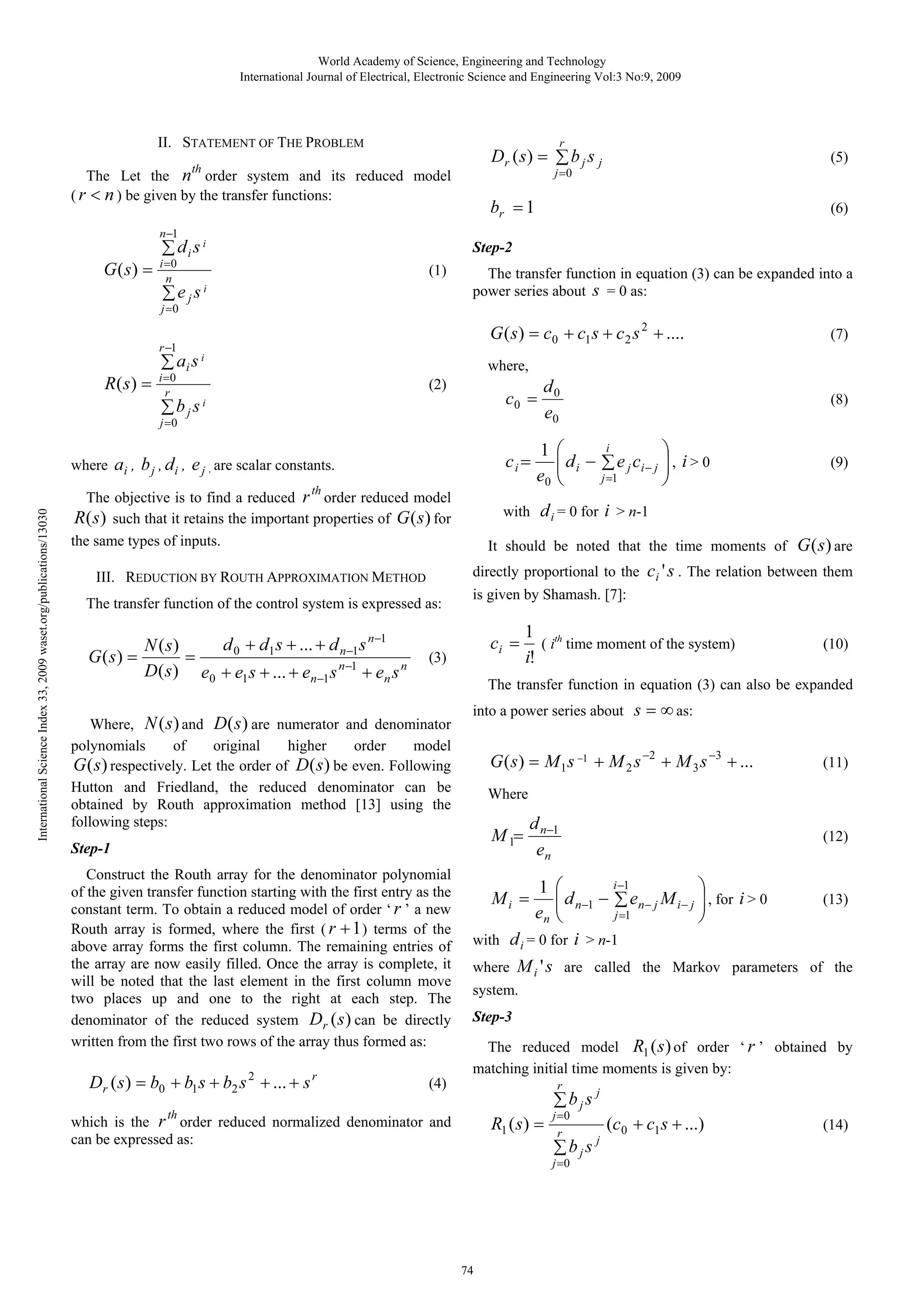 Reduction Of Linear Time Invariant Systems Using Routh Approximation