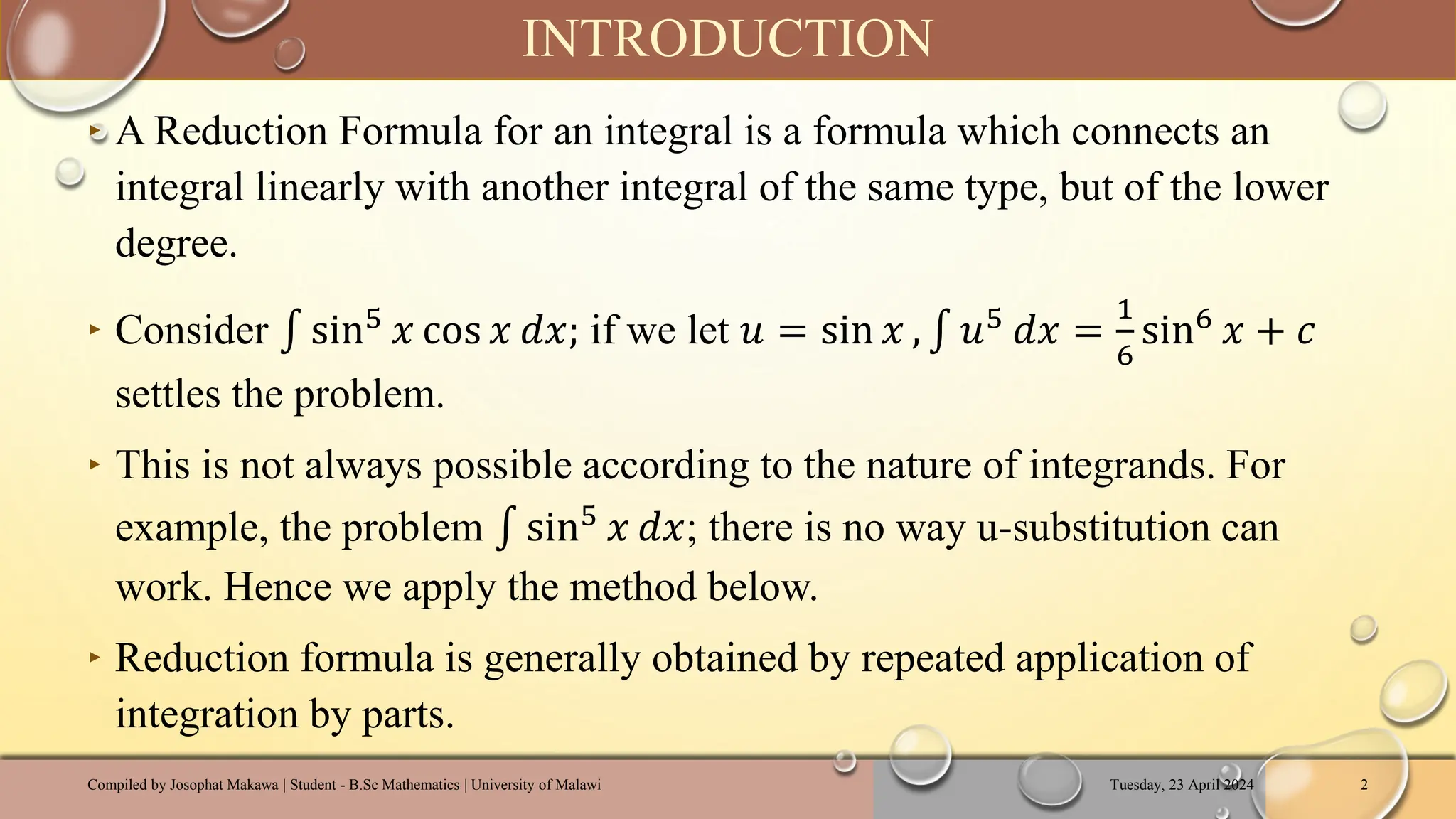MAT221: CALCULUS II - REDUCTION FORMULA, POWERS OF TRIG FUNCTIONS AND ...