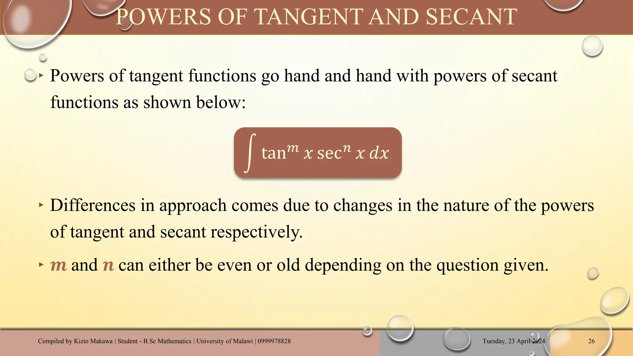 MAT221: CALCULUS II - REDUCTION FORMULA, POWERS OF TRIG FUNCTIONS AND TRIGONOMETRIC ...