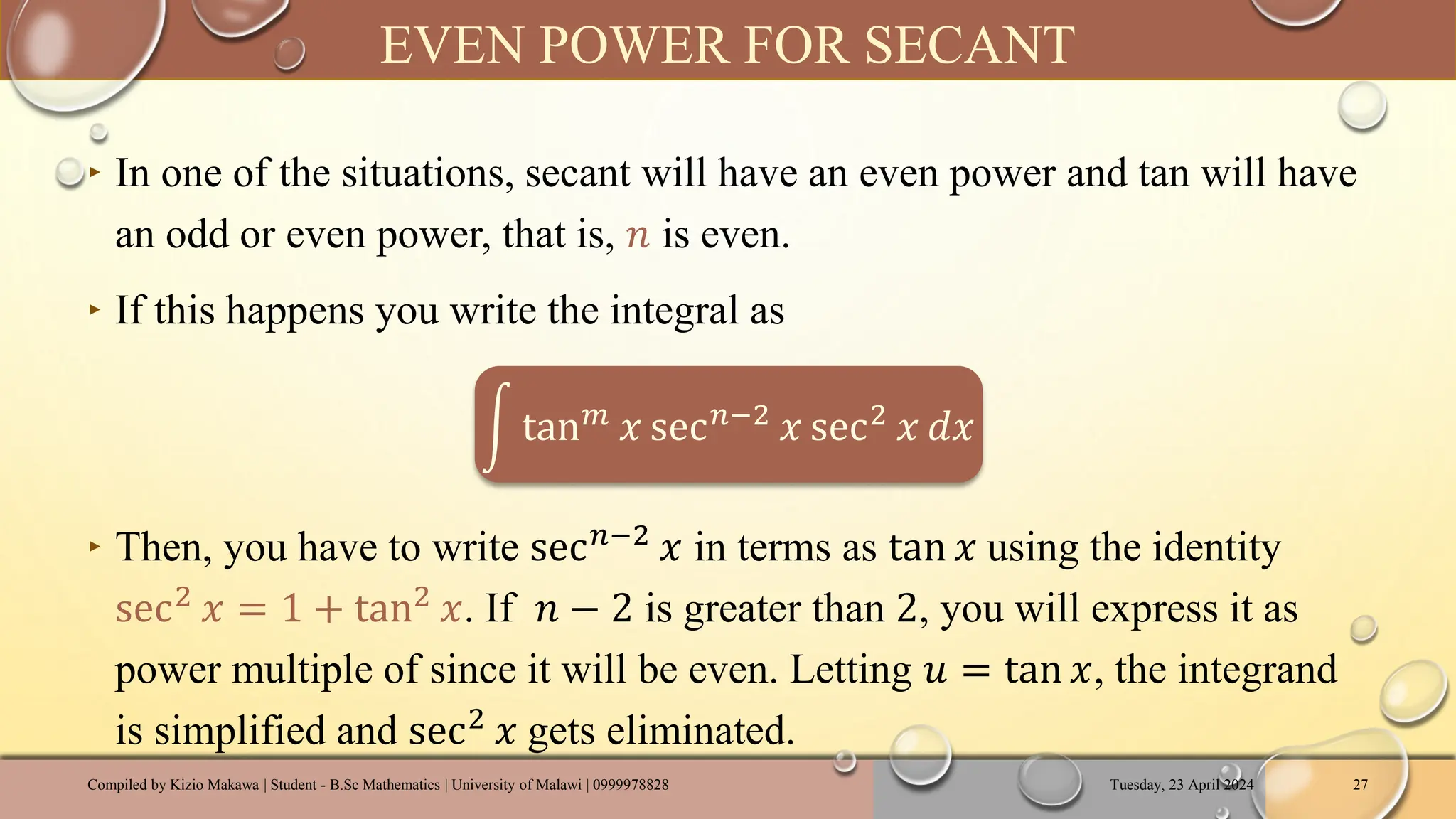 MAT221: CALCULUS II - REDUCTION FORMULA, POWERS OF TRIG FUNCTIONS AND ...