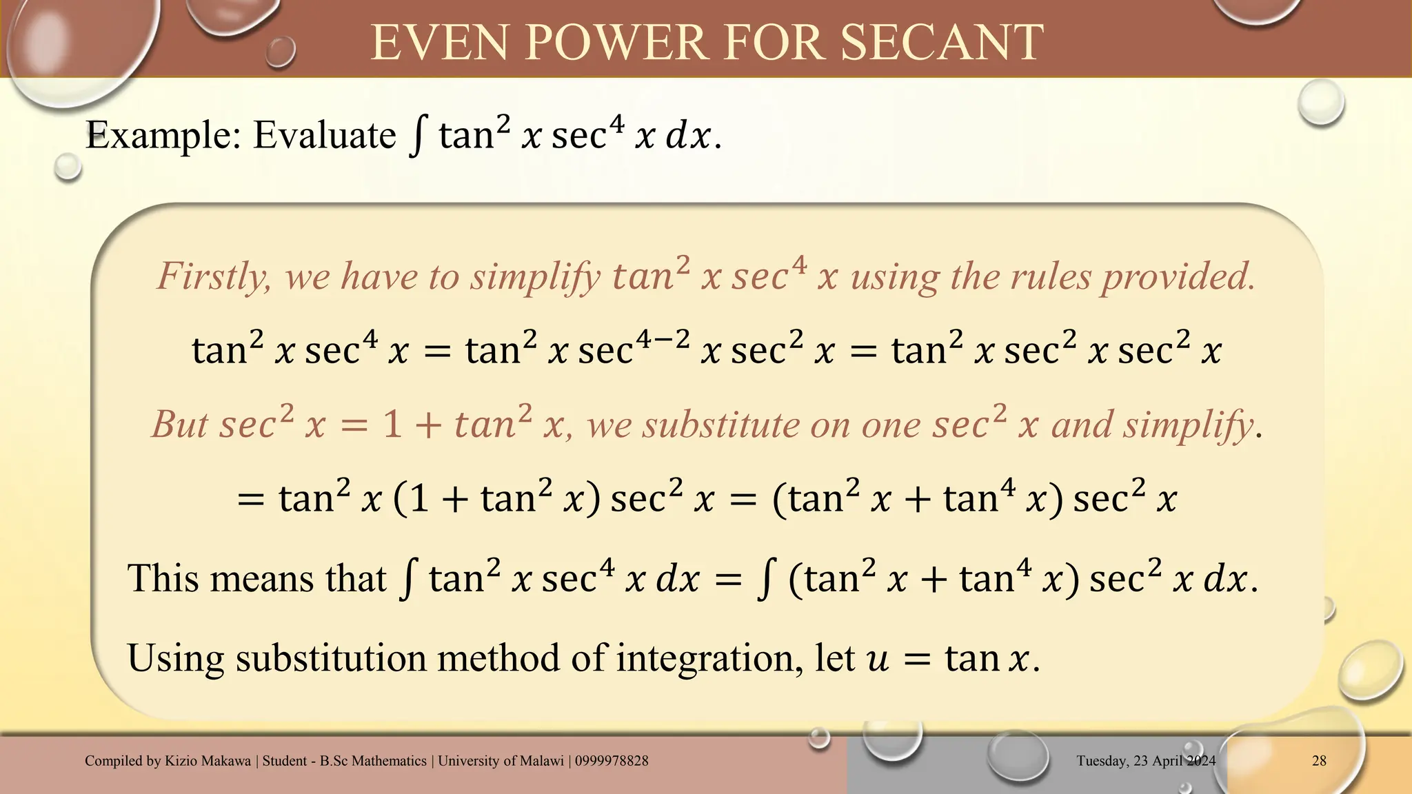 MAT221: CALCULUS II - REDUCTION FORMULA, POWERS OF TRIG FUNCTIONS AND ...
