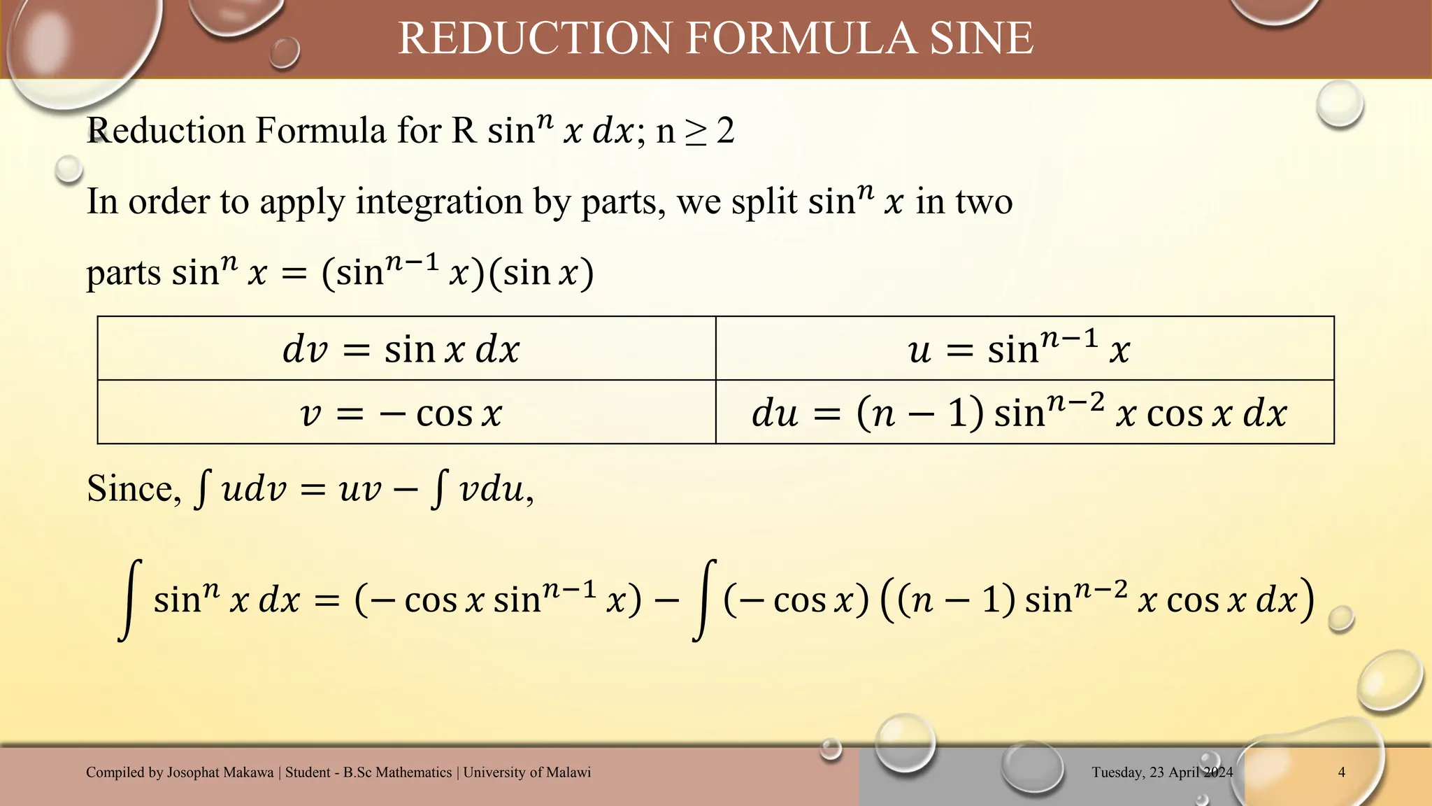 MAT221: CALCULUS II - REDUCTION FORMULA, POWERS OF TRIG FUNCTIONS AND ...