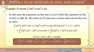MAT221: CALCULUS II - REDUCTION FORMULA, POWERS OF TRIG FUNCTIONS AND ...
