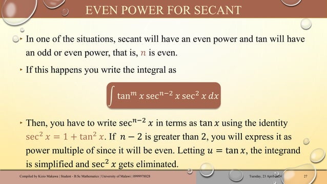 MAT221: CALCULUS II - REDUCTION FORMULA, POWERS OF TRIG FUNCTIONS AND TRIGONOMETRIC ...
