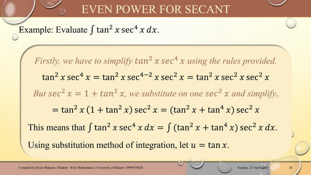 MAT221: CALCULUS II - REDUCTION FORMULA, POWERS OF TRIG FUNCTIONS AND TRIGONOMETRIC ...