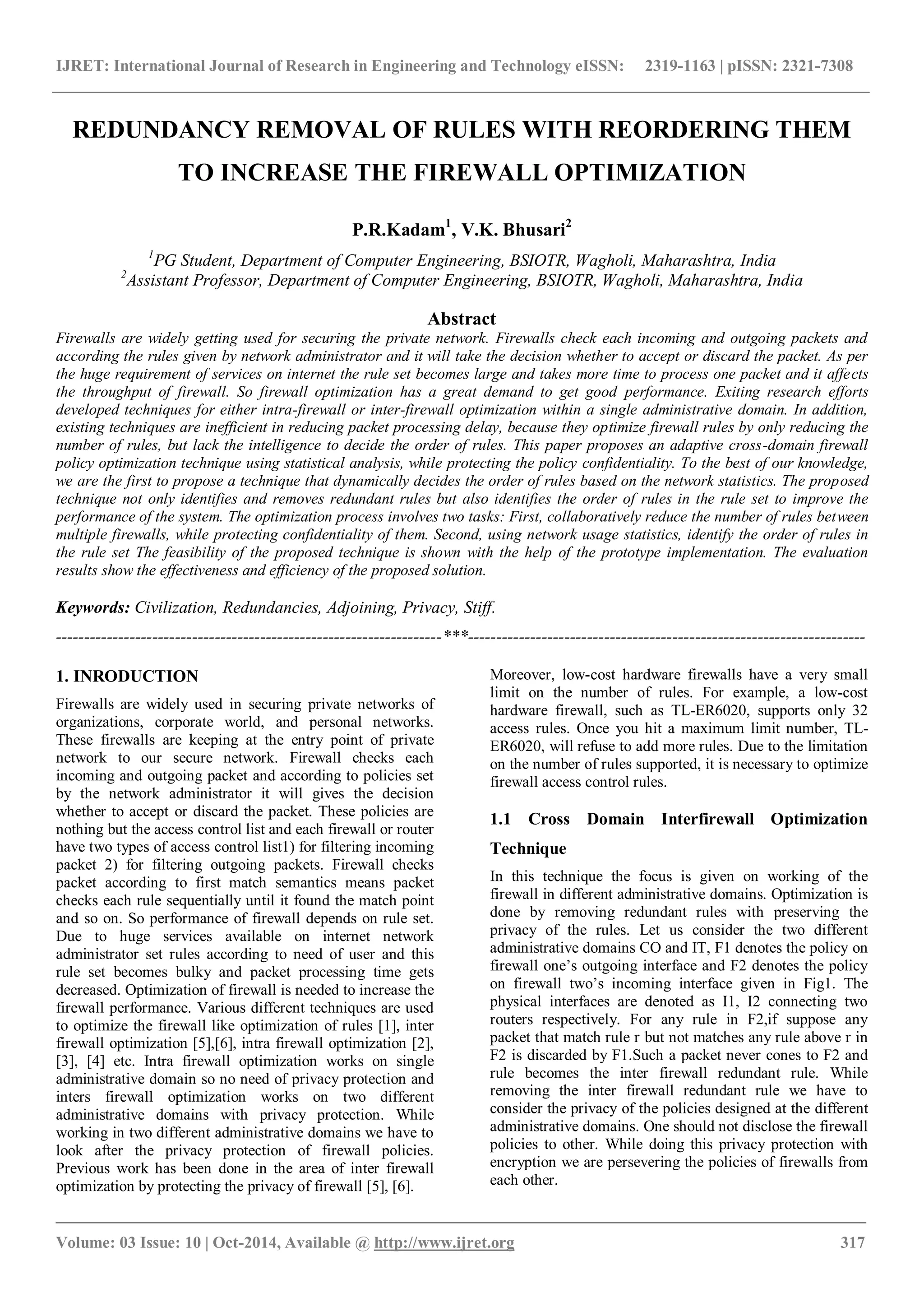 Redundancy removal of rules with reordering them to increase the ...