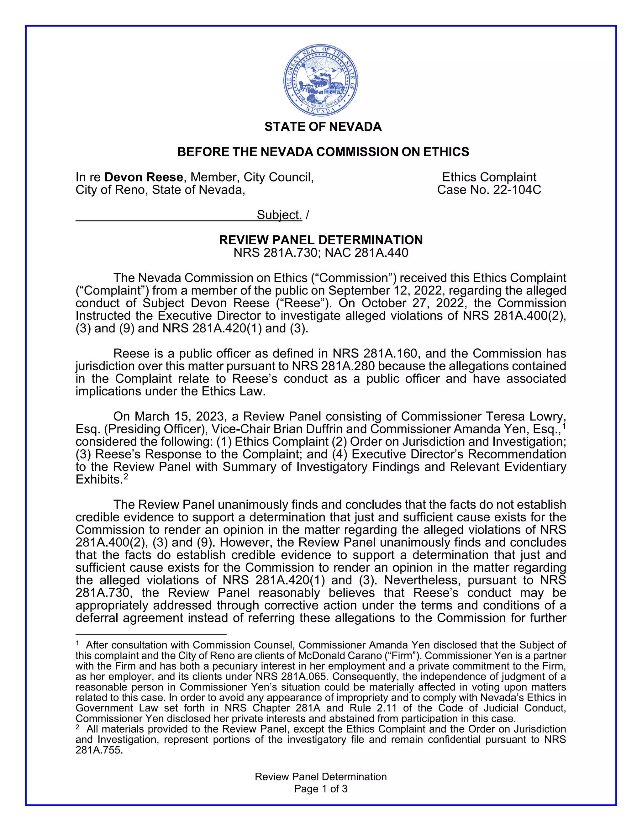 Reno Council member Devon Reese's ethics violations | PDF