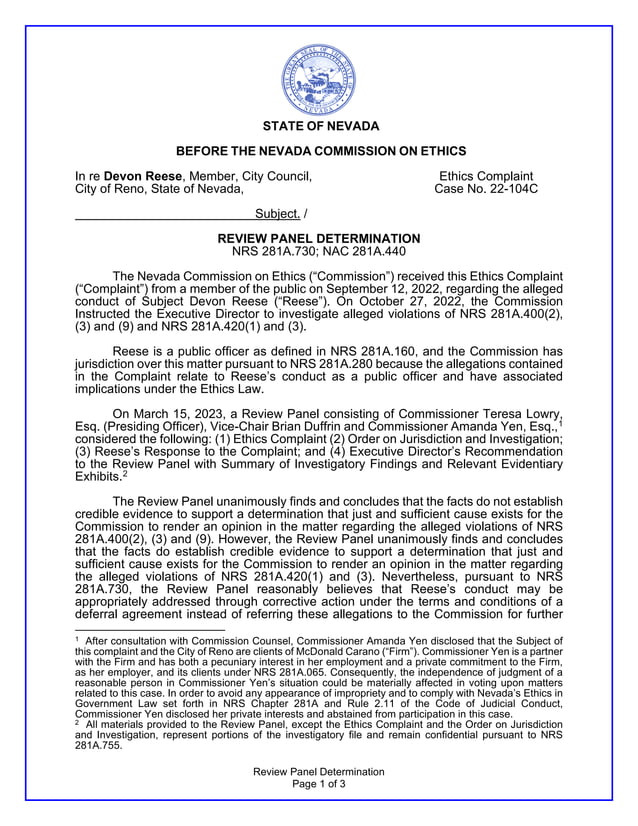 Reno Council member Devon Reese's ethics violations | PDF