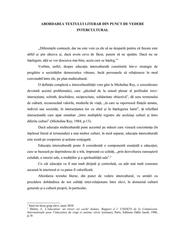 Referat - Abordarea textului literar din perspectiva interculturala | PDF