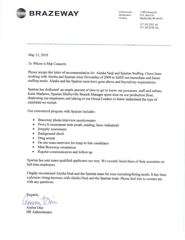 Spartan Staffing Customer Reference Letter | PDF