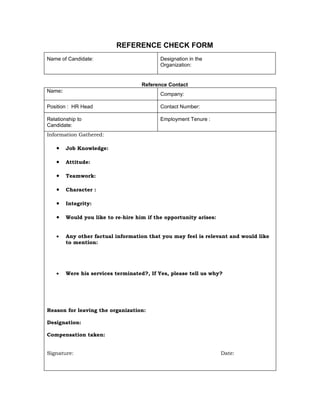 Reference Check Form Candidate | DOC