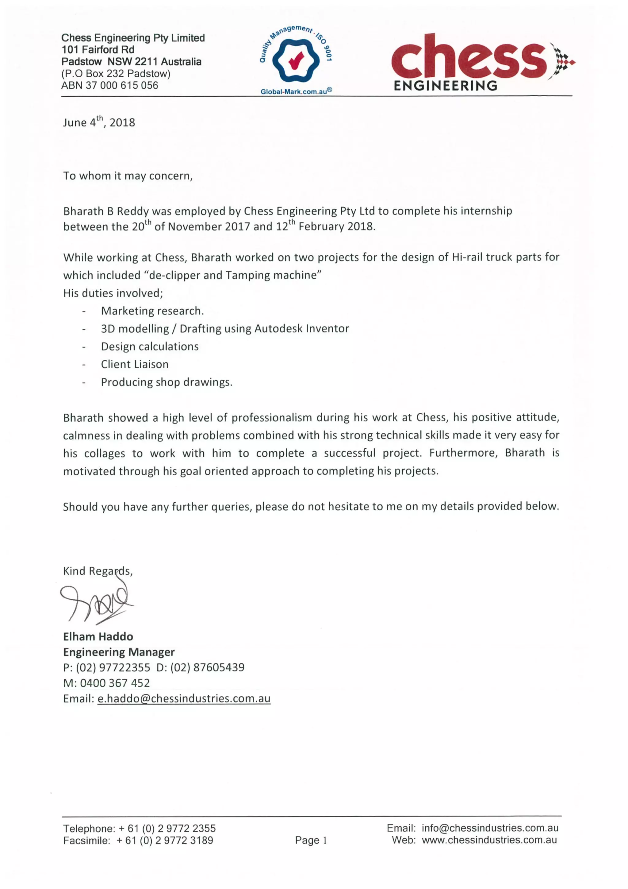 Reference letter - Chess Engineering | PDF