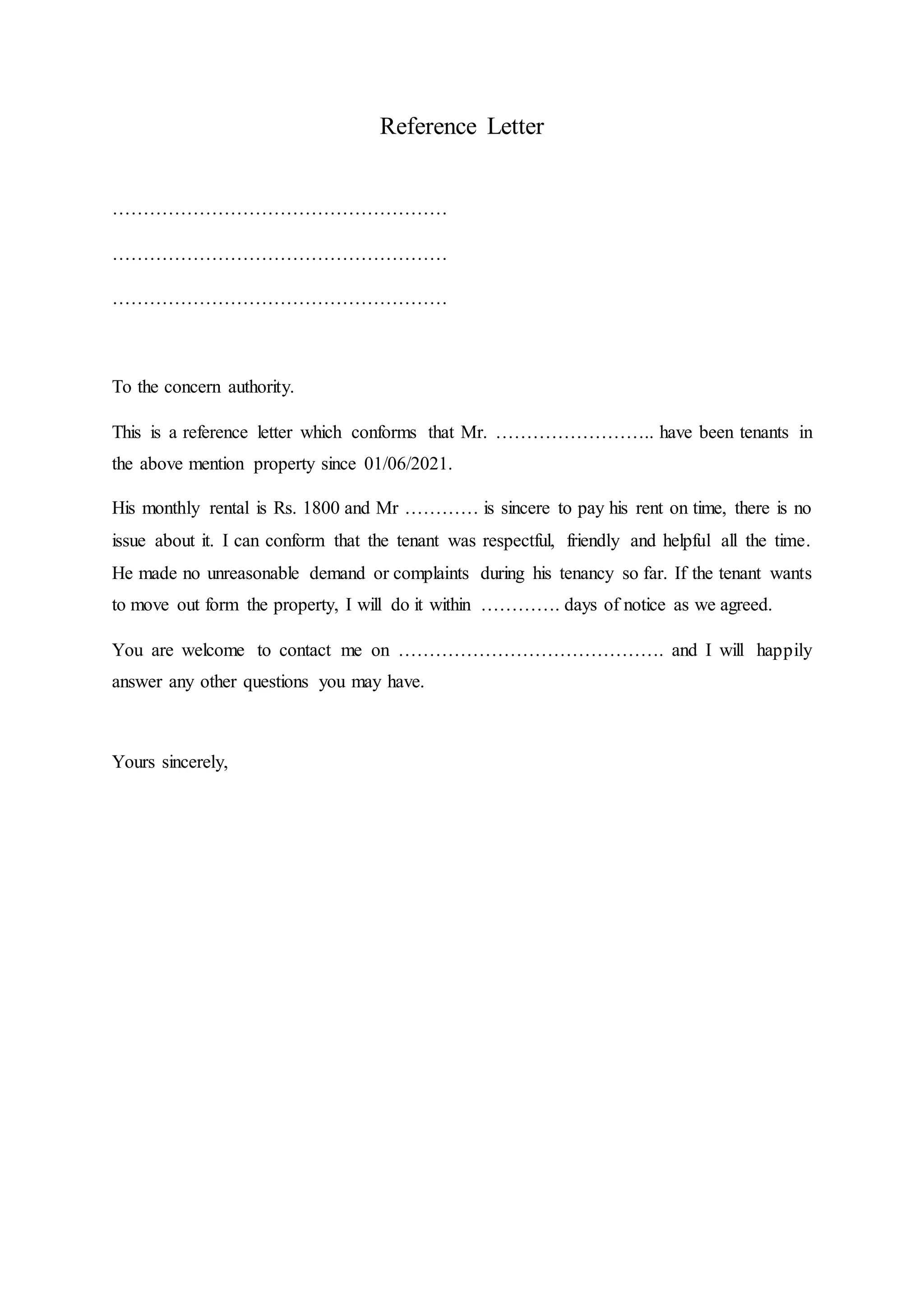 Reference letter for tenant | DOCX