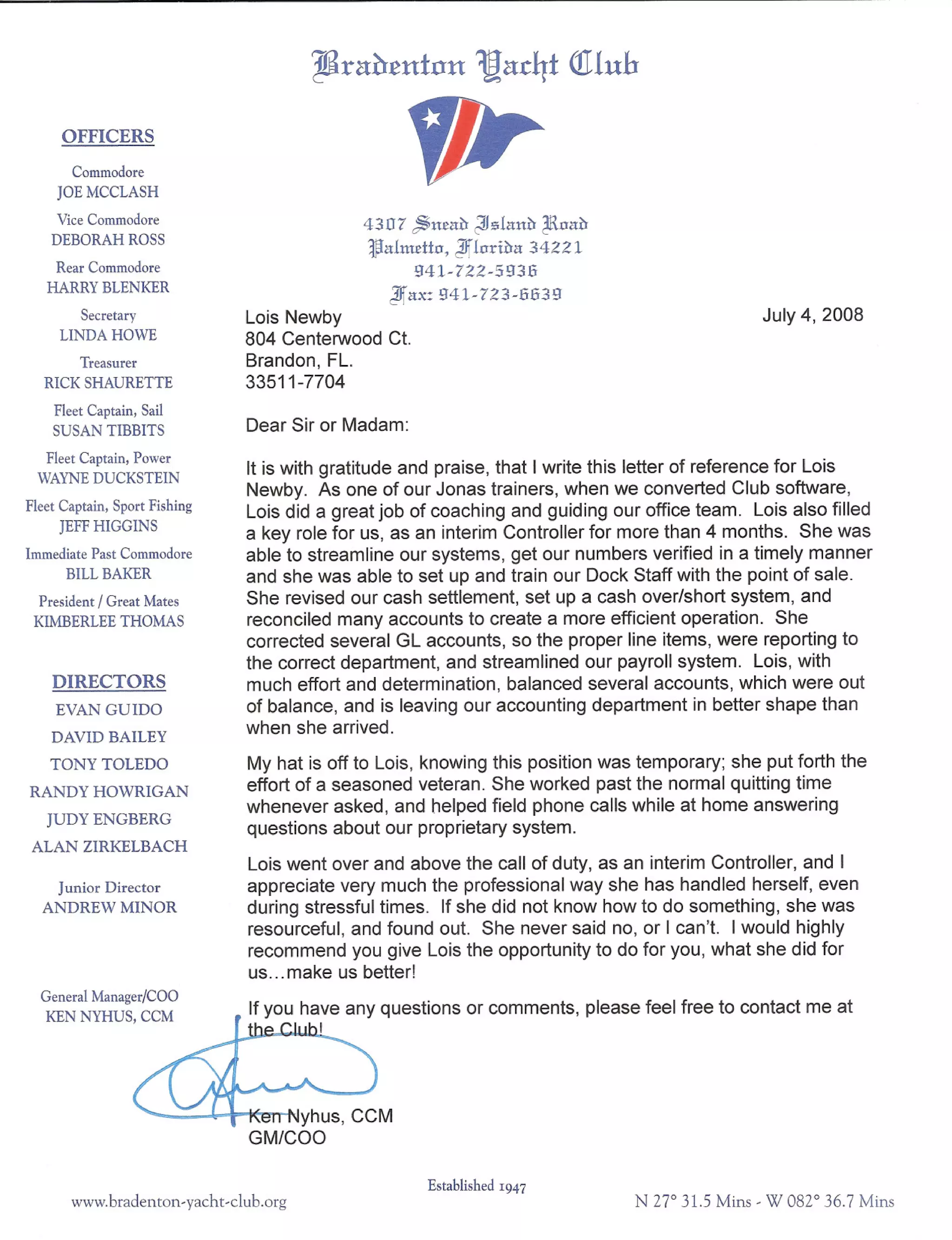 Reference Letter - Bradenton Yacht Club | PDF