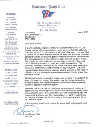Reference Letter - Bradenton Yacht Club | PDF