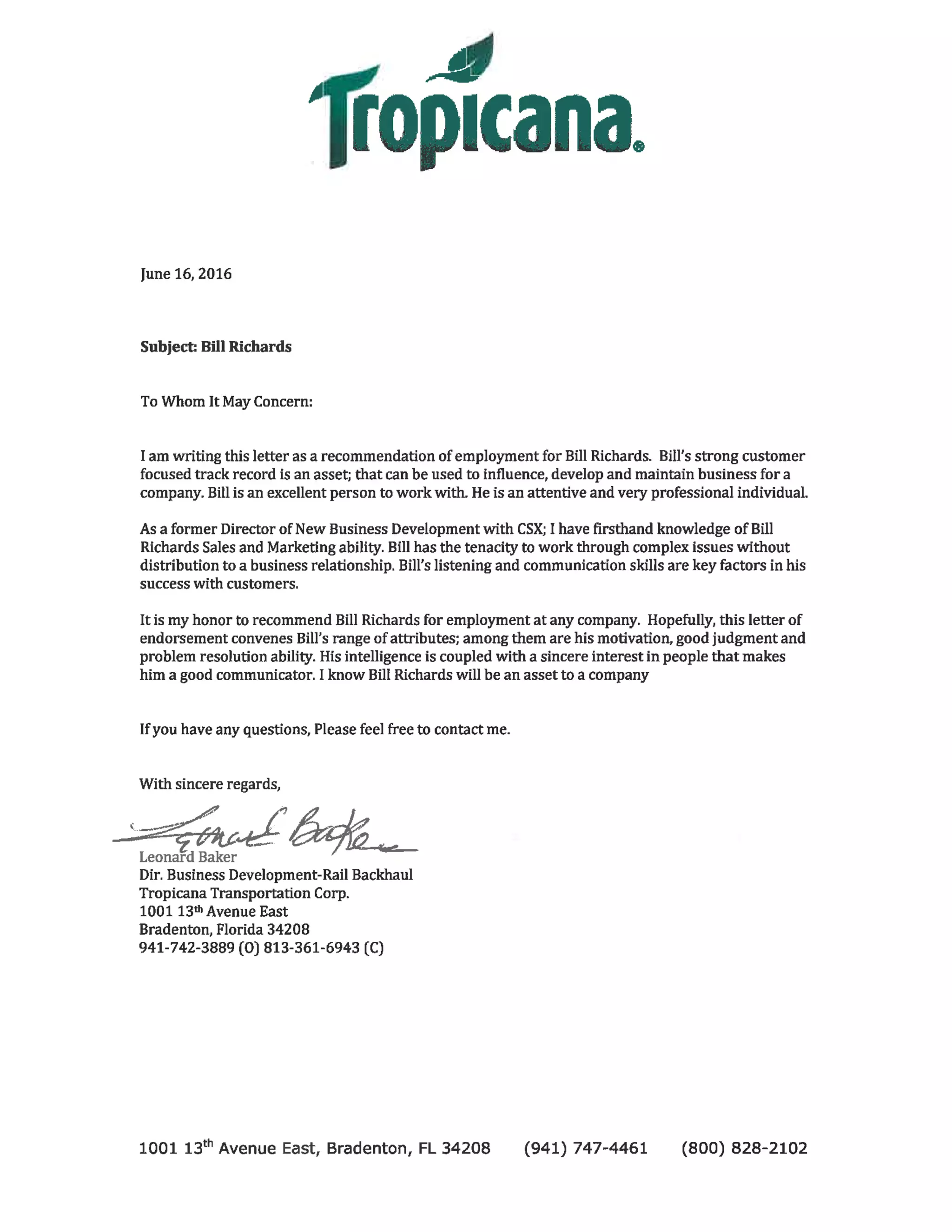 Reference letter Leonard Baker - Tropicana | PDF