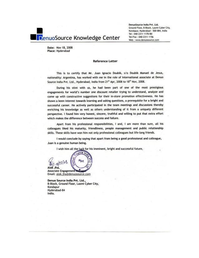 Reference Letter - Project Manager - DenuoSource Ltd. | PDF