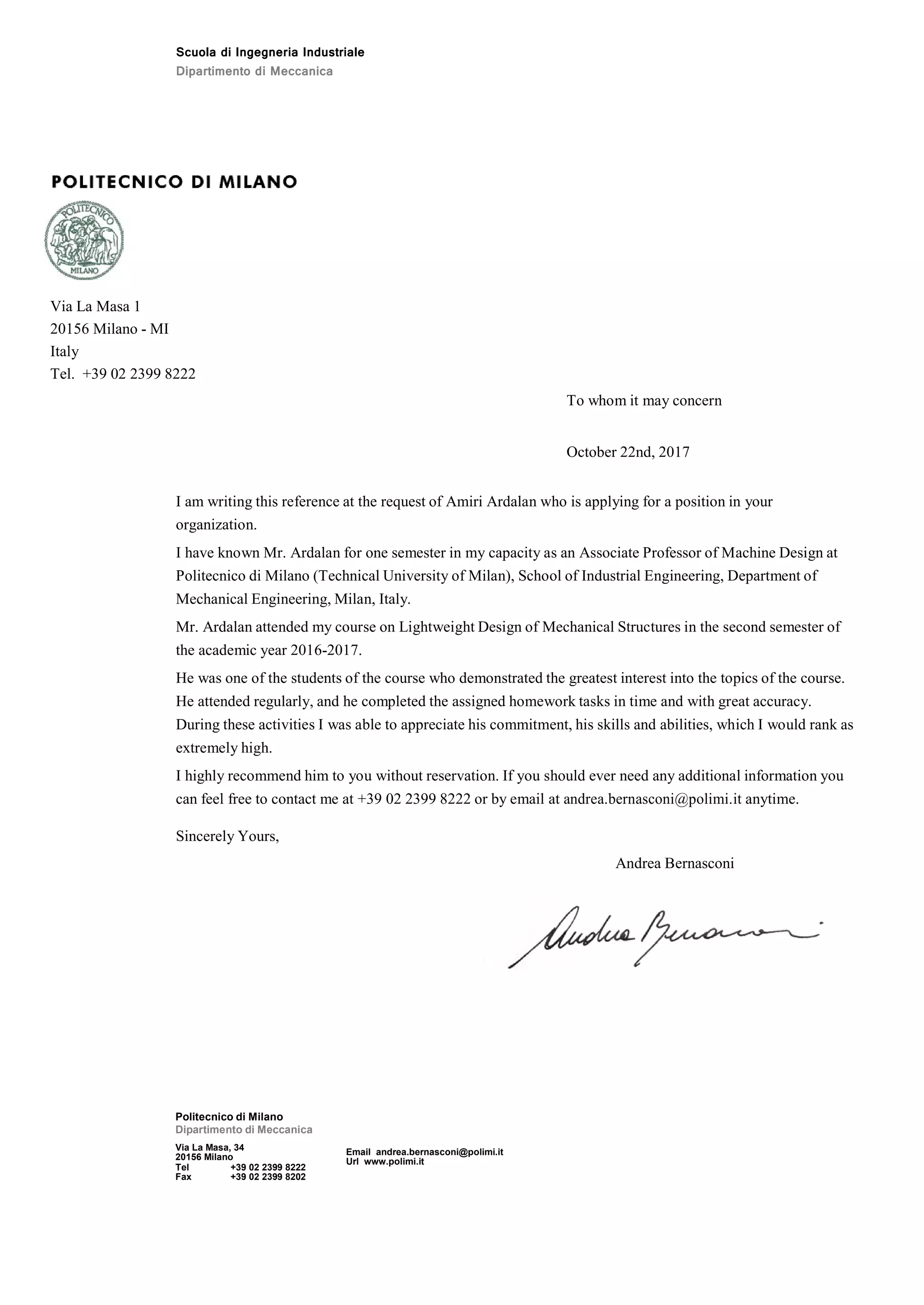 Reference letter by Prof. Bernasconi POLIMI MECC | PDF