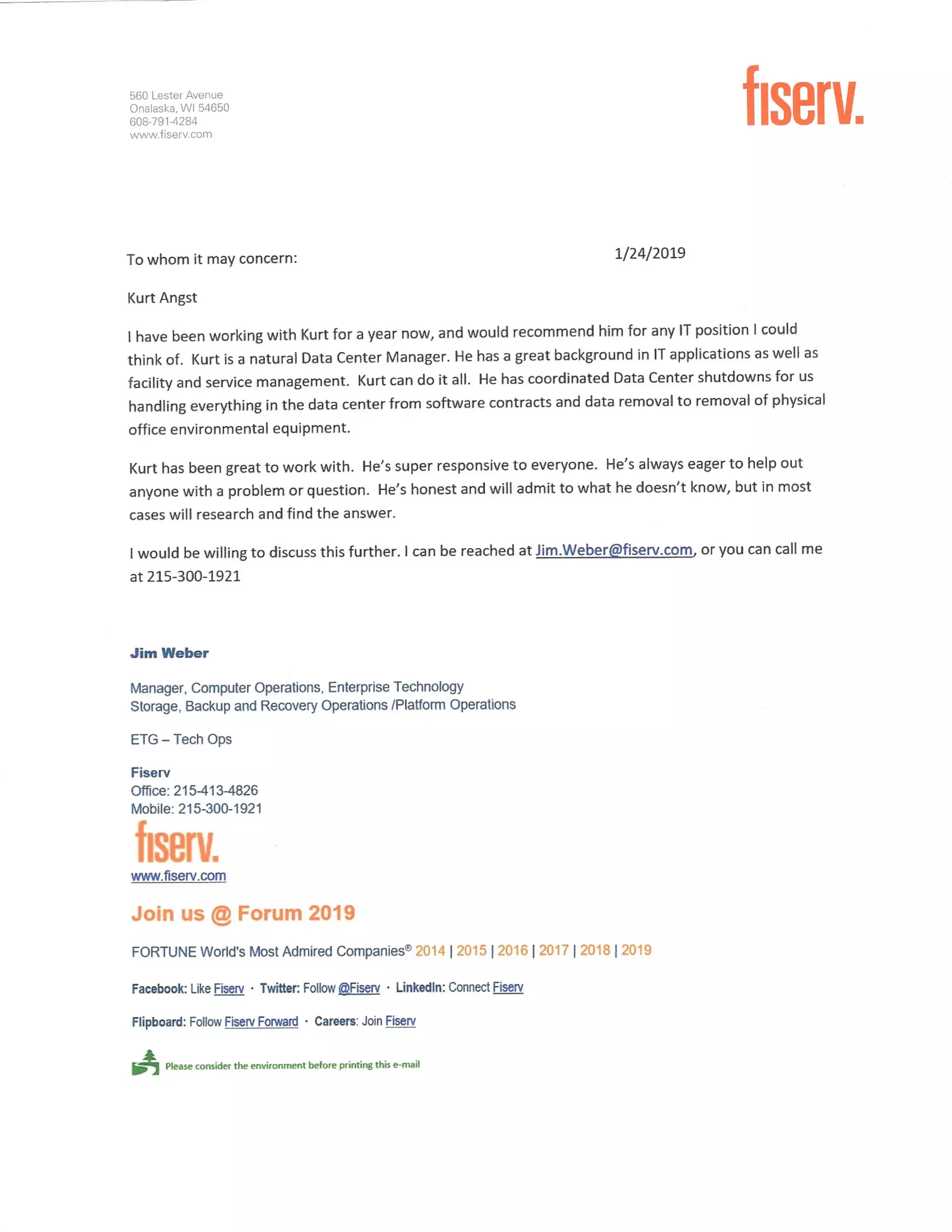 Fiserv Reference letter kurt angst jim weber | PDF