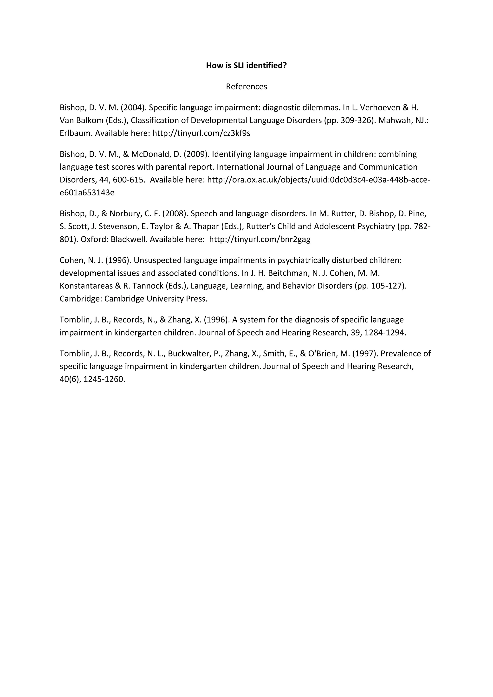 Identification of SLI: references | PDF
