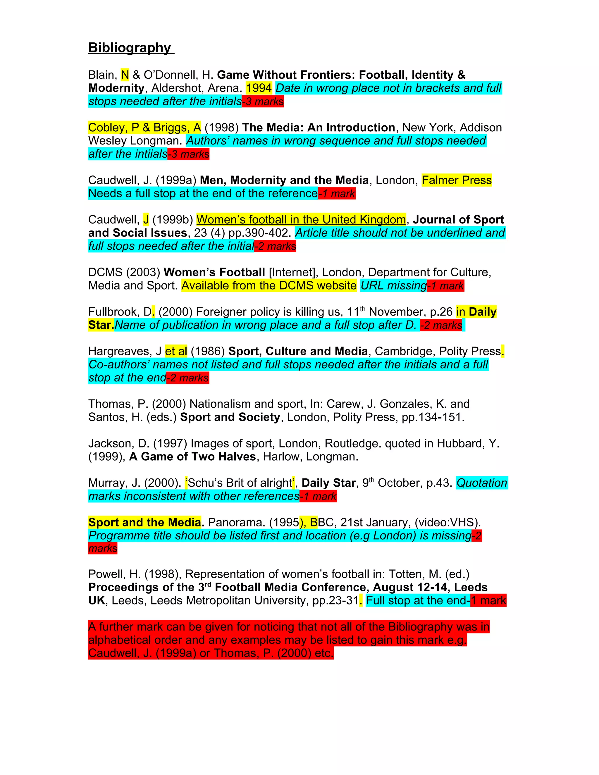 Referencing exercise with errors highlighted | DOC