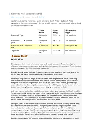 Referensi nilai kolesterol normal | DOCX