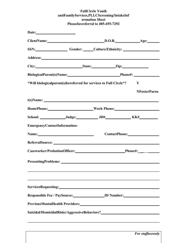 Referral screening, intake form | DOCX
