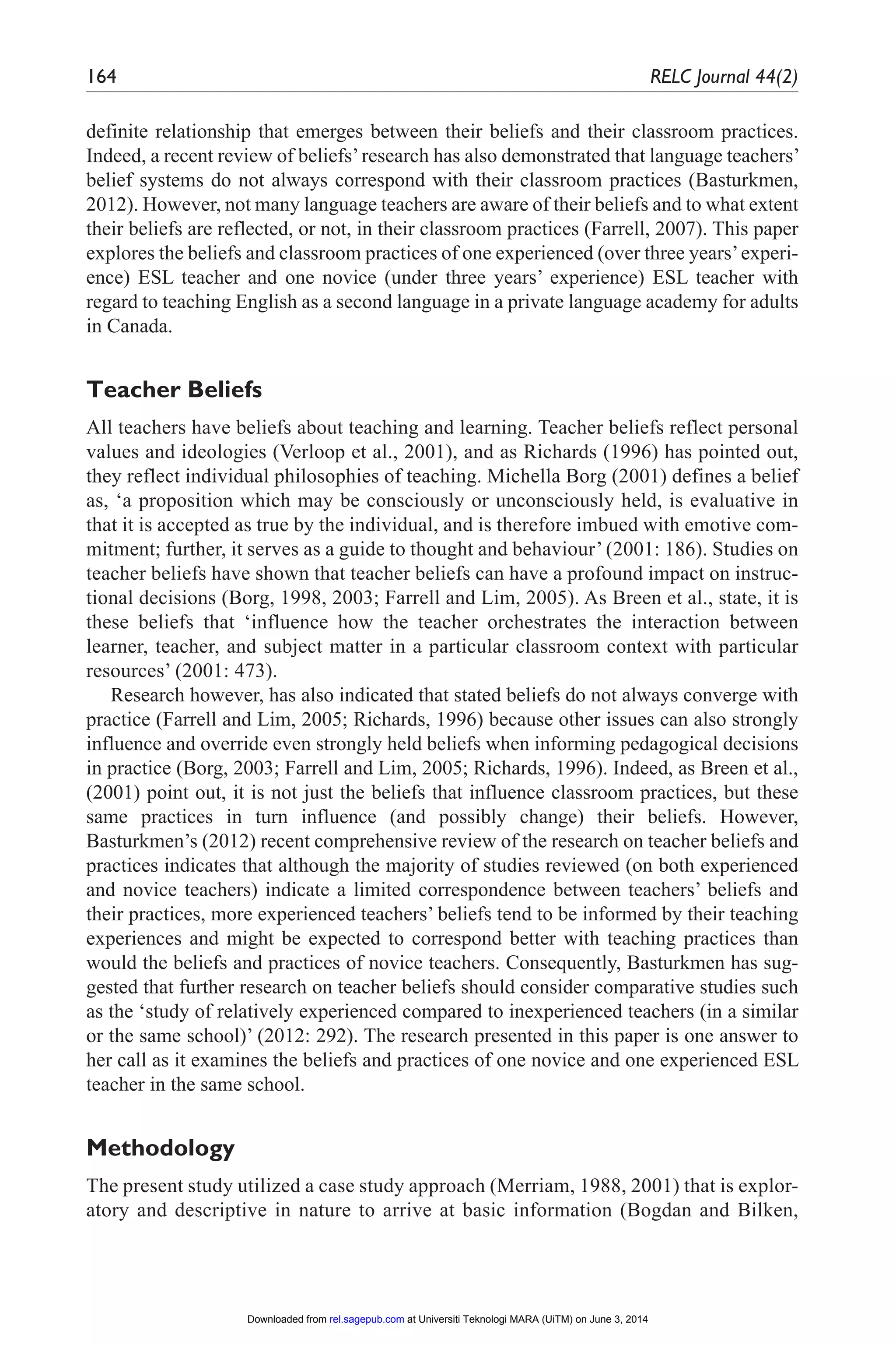 Reflecting on esl teacher beliefs and classroom practices a case study ...