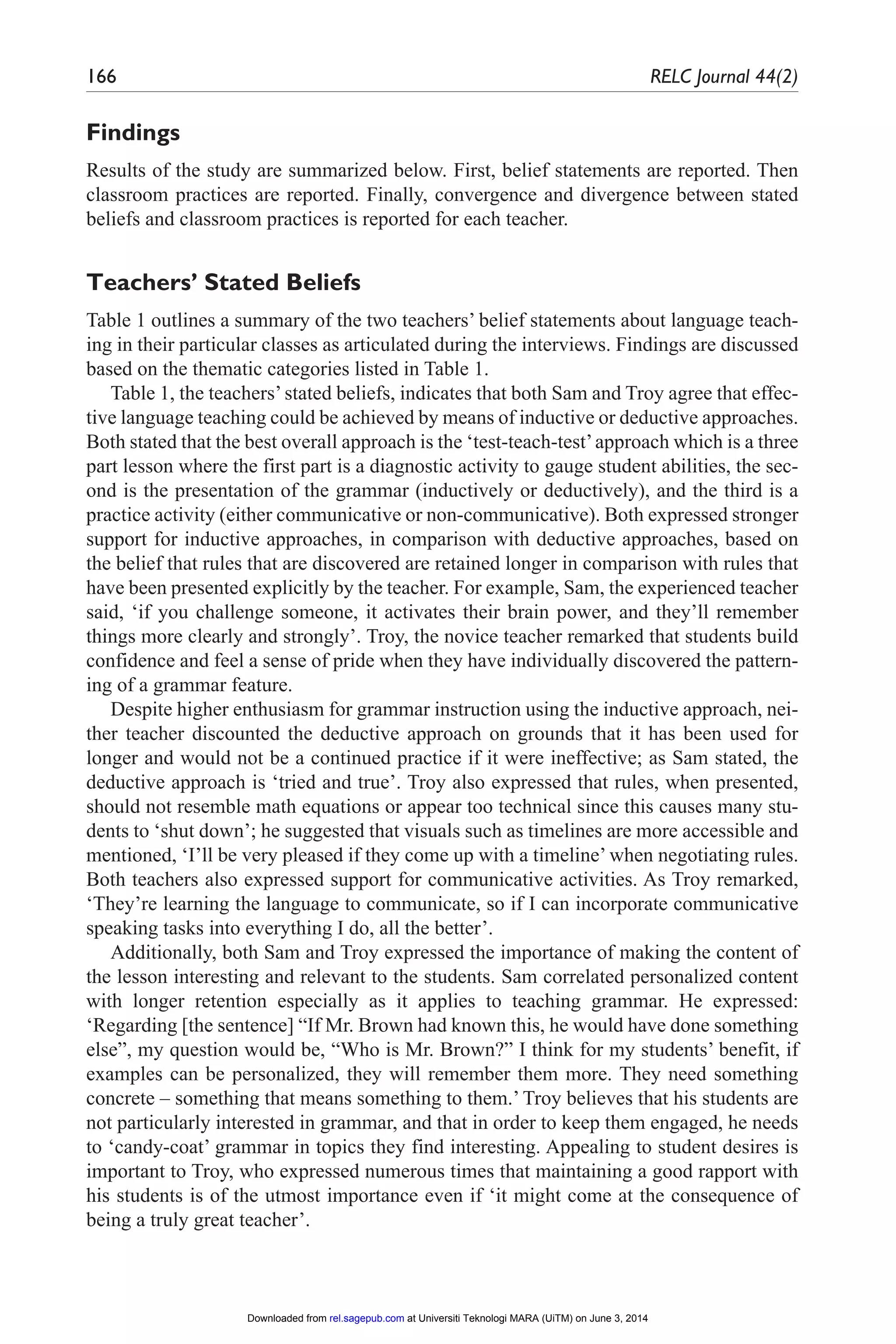Reflecting on esl teacher beliefs and classroom practices a case study ...