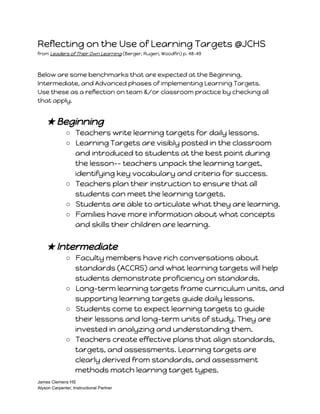 Reflecting On Our Use of Learning Targets at JCHS | PDF | Educational ...