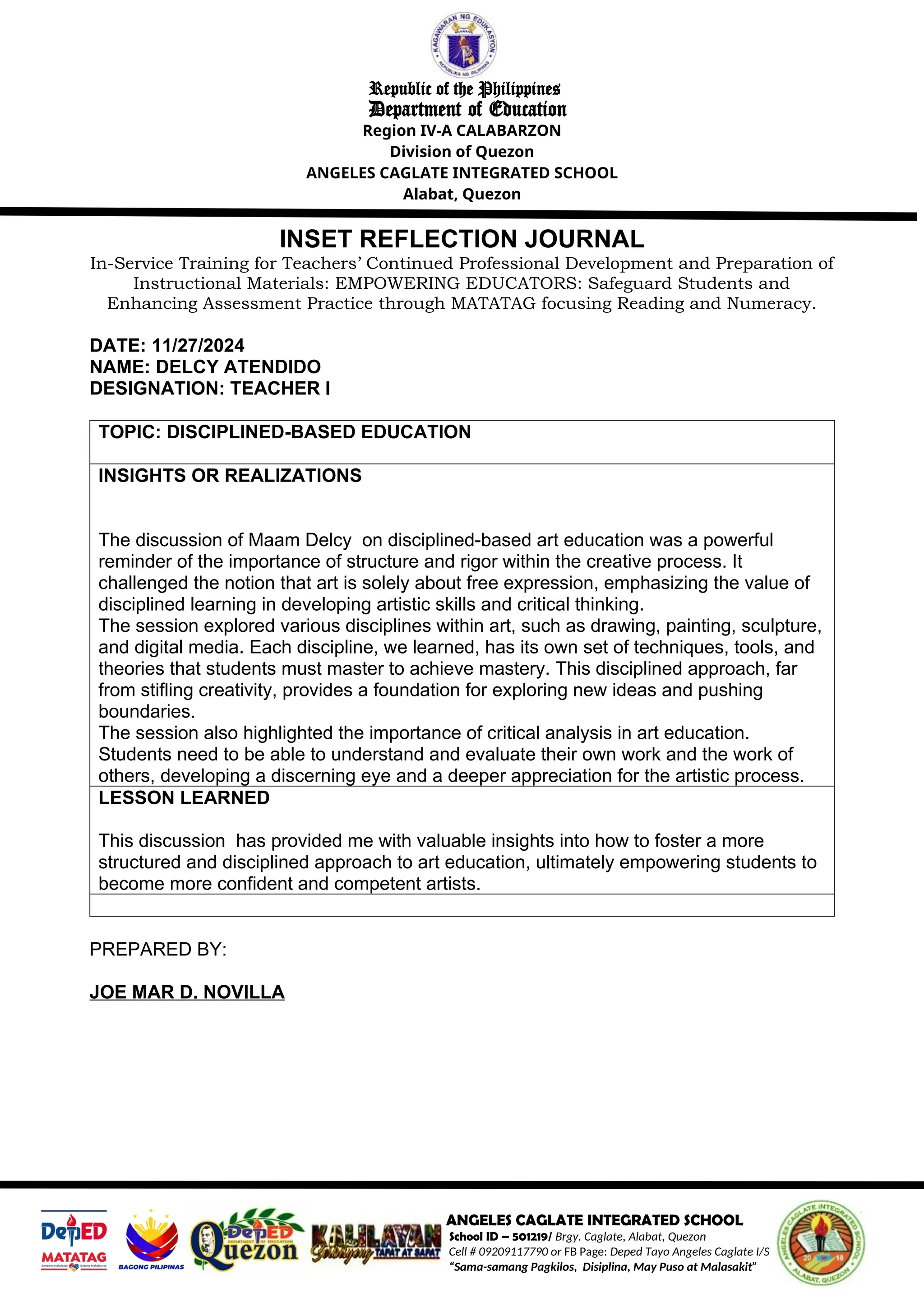 reflection for inset training in alabatttt | DOCX