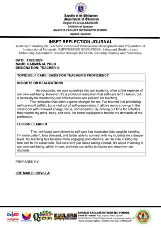 reflection for inset training in alabatttt | PDF