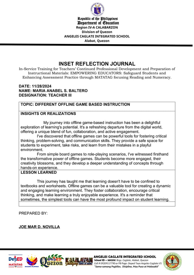 reflection for inset training in alabatttt | DOCX