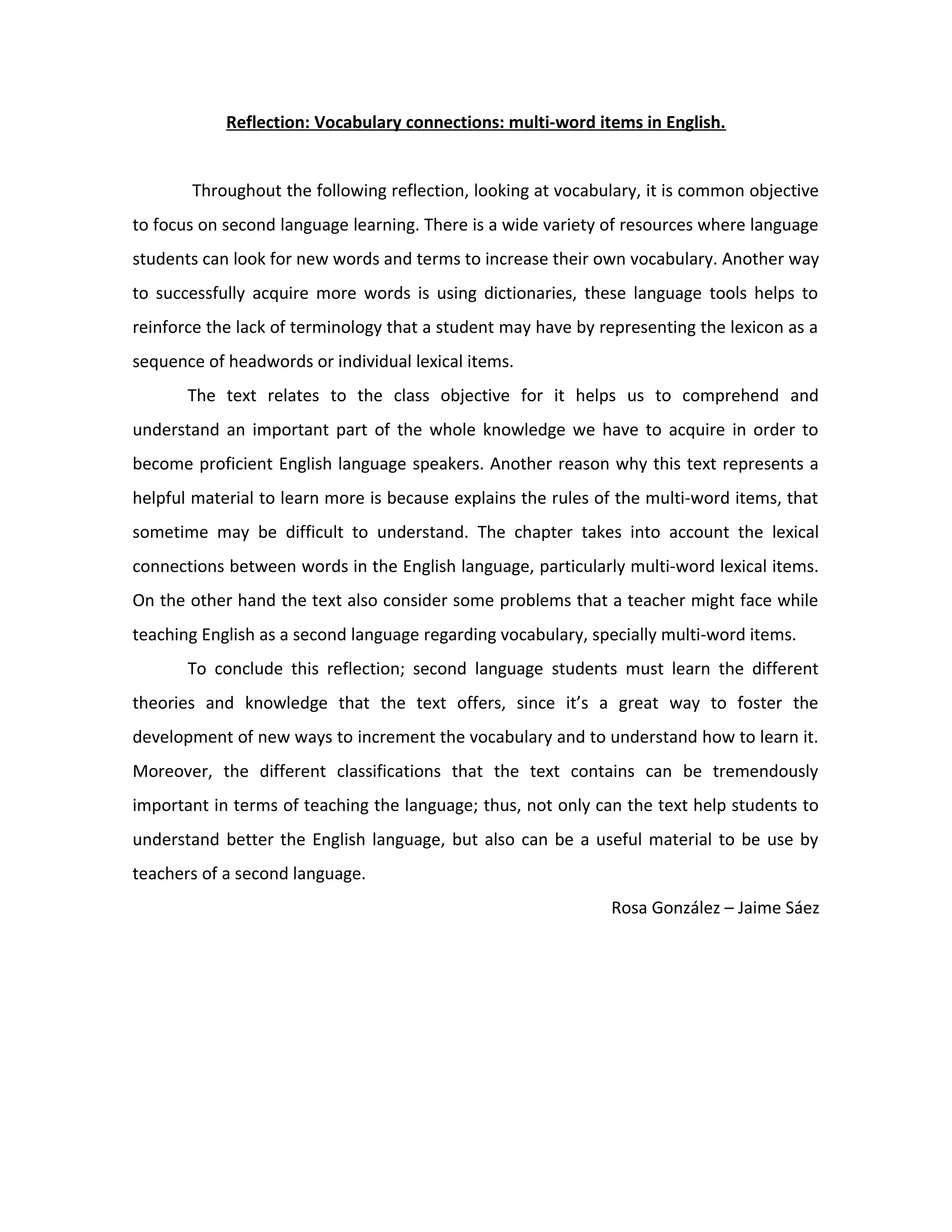 Reflection vocabulary connections- multi-word items in english | PDF