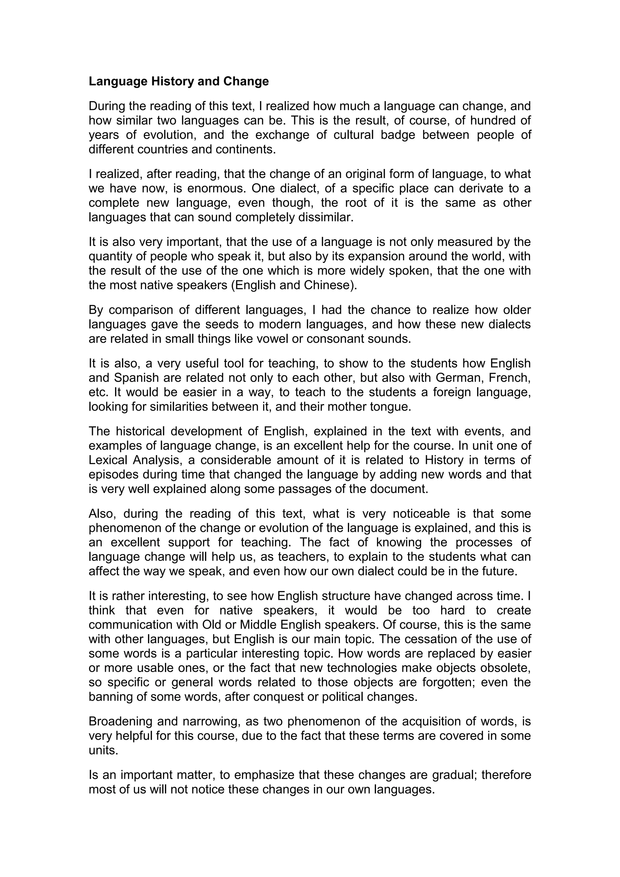 Language, History and Change Reflection | PDF