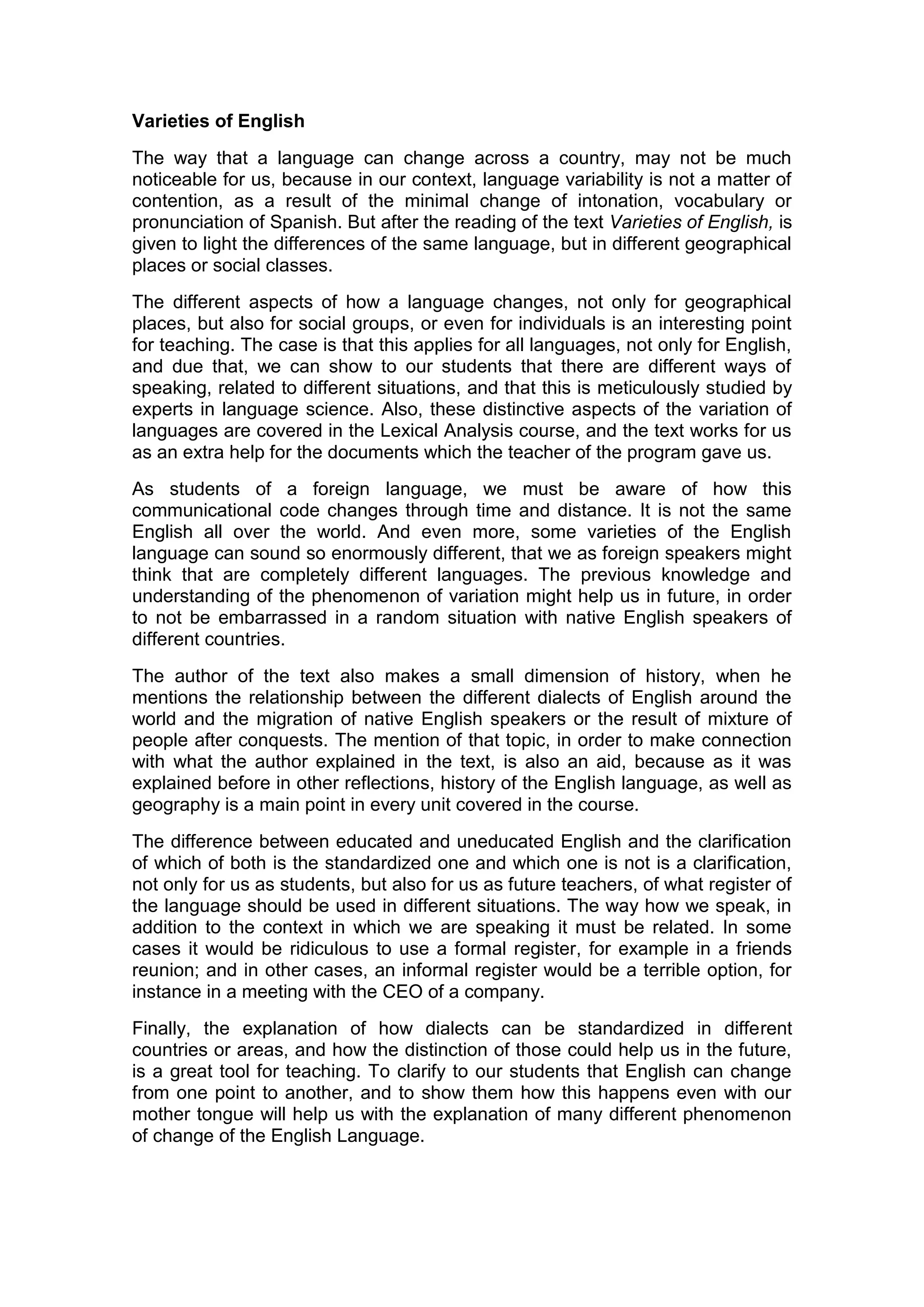 Varieties of English Reflection | DOCX