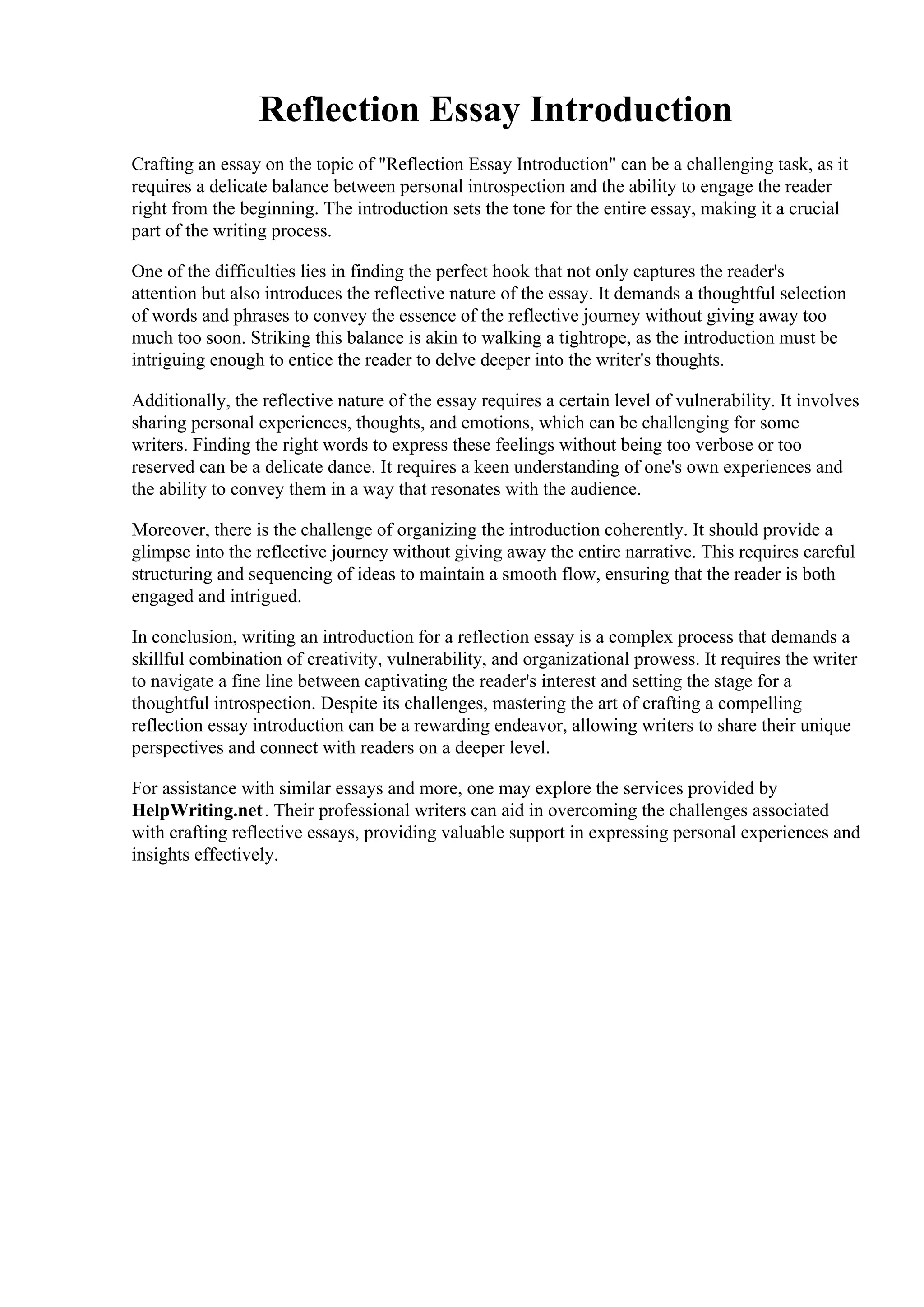 Reflection Essay Introduction. 002 Reflection Essay Example Best Ideas ...