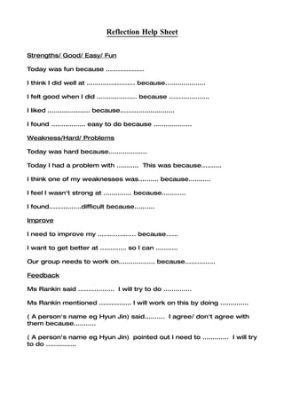 Reflection help sheet | ODT | Educational Assessment | Education
