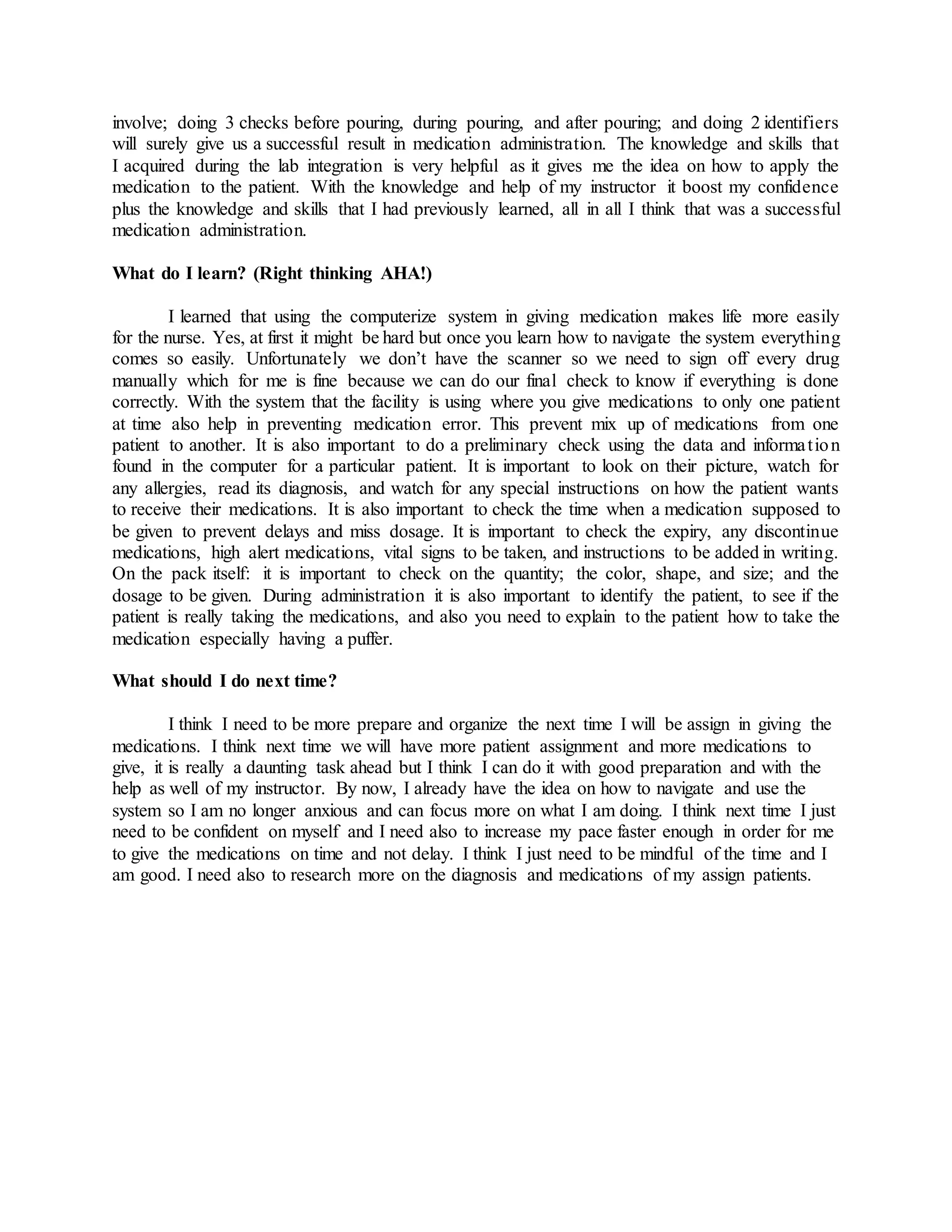 Reflection medication administration | DOCX