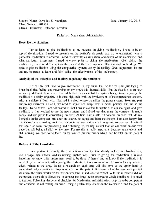 Reflection medication administration | DOCX