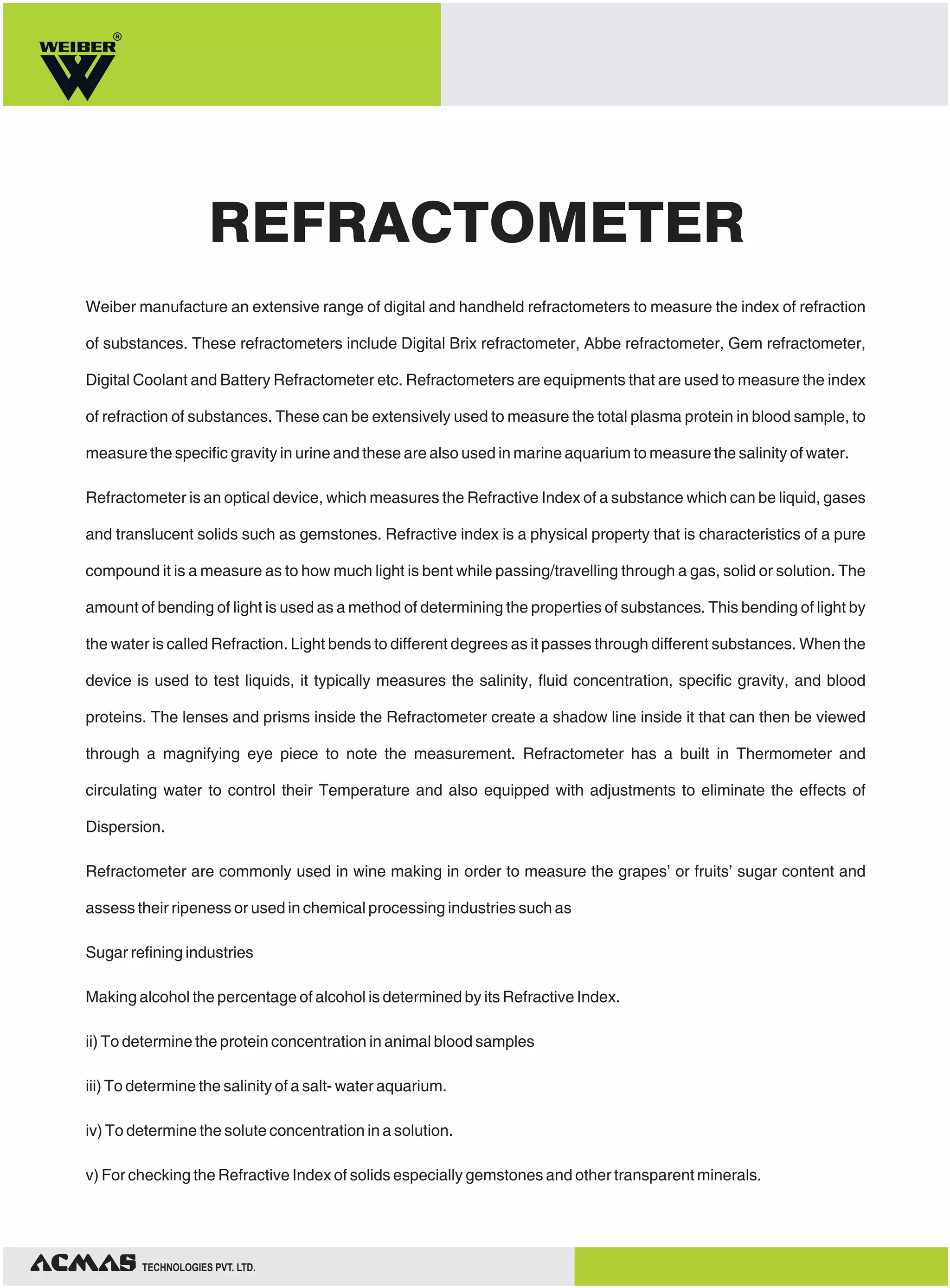 Types of Digital Refractometers by ACMAS Technologies Pvt Ltd. | PDF